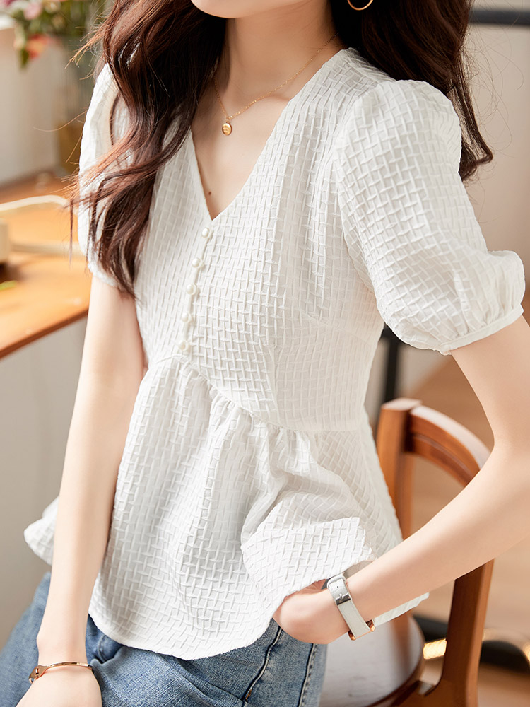 PF2121#夏季新款收腰遮肚子短袖v领雪纺锁骨上衣女夏减龄洋气小衫_上衣_女装批发-夏款_女装批发|台灣服飾批發|马来西亚服饰批发|台灣女裝批發|日韓服飾批发|台灣男裝批發|中国女装批发 ...