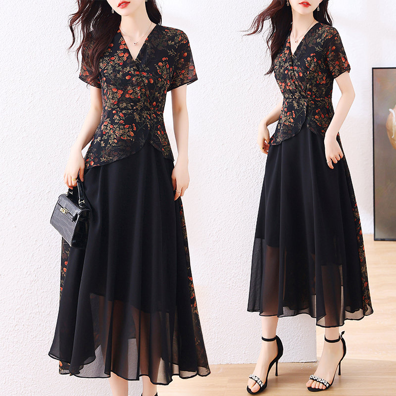 PF2580#夏季新款中袖拼接高腰长裙领撞色印花大摆雪纺气质连_短袖连衣裙_女装批发-夏款_女装批发|台灣服飾批發|马来西亚服饰批发|台灣女裝 ...